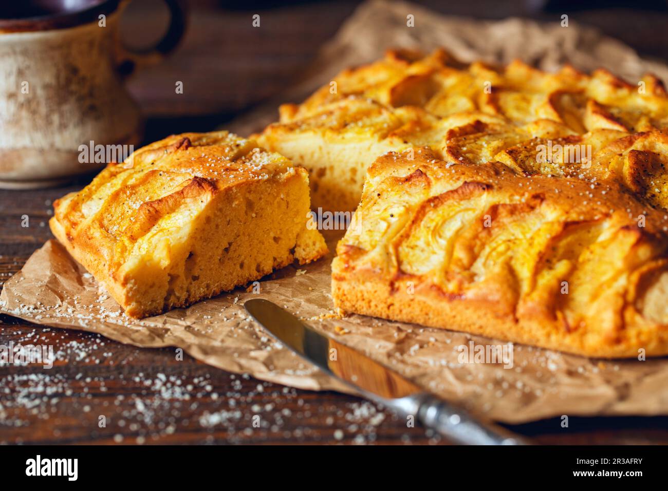 Homemade rustic apple pie on a wooden old vintage table. Dark ...