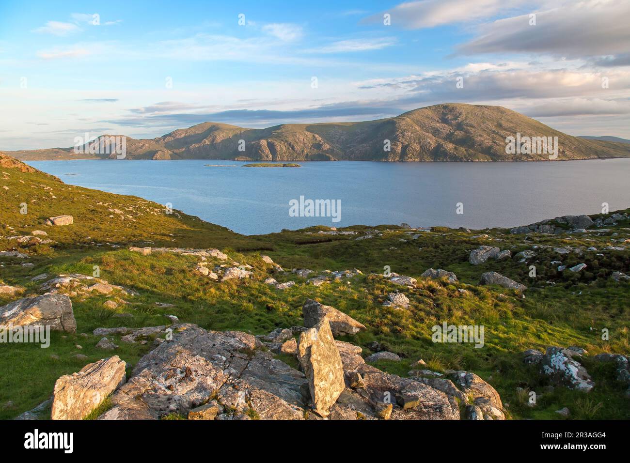 Loch A Siar and South Harris Mountain Panorama in warm Evening Light ...