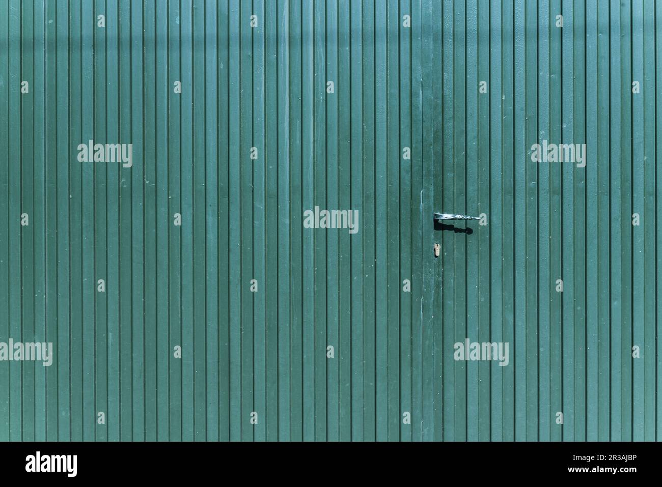 A green metal door of a detached house with a handle and lock on a ...