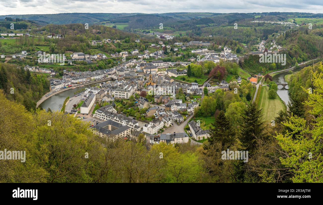 Panorama of Bouillon with river Semois and medieval castle, Ardennes ...
