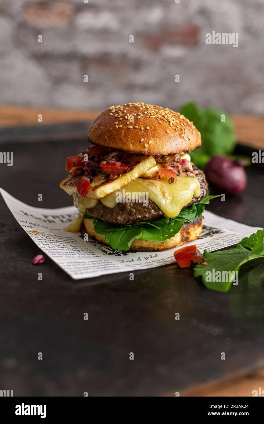 Magyu burger with halloumi Stock Photo - Alamy