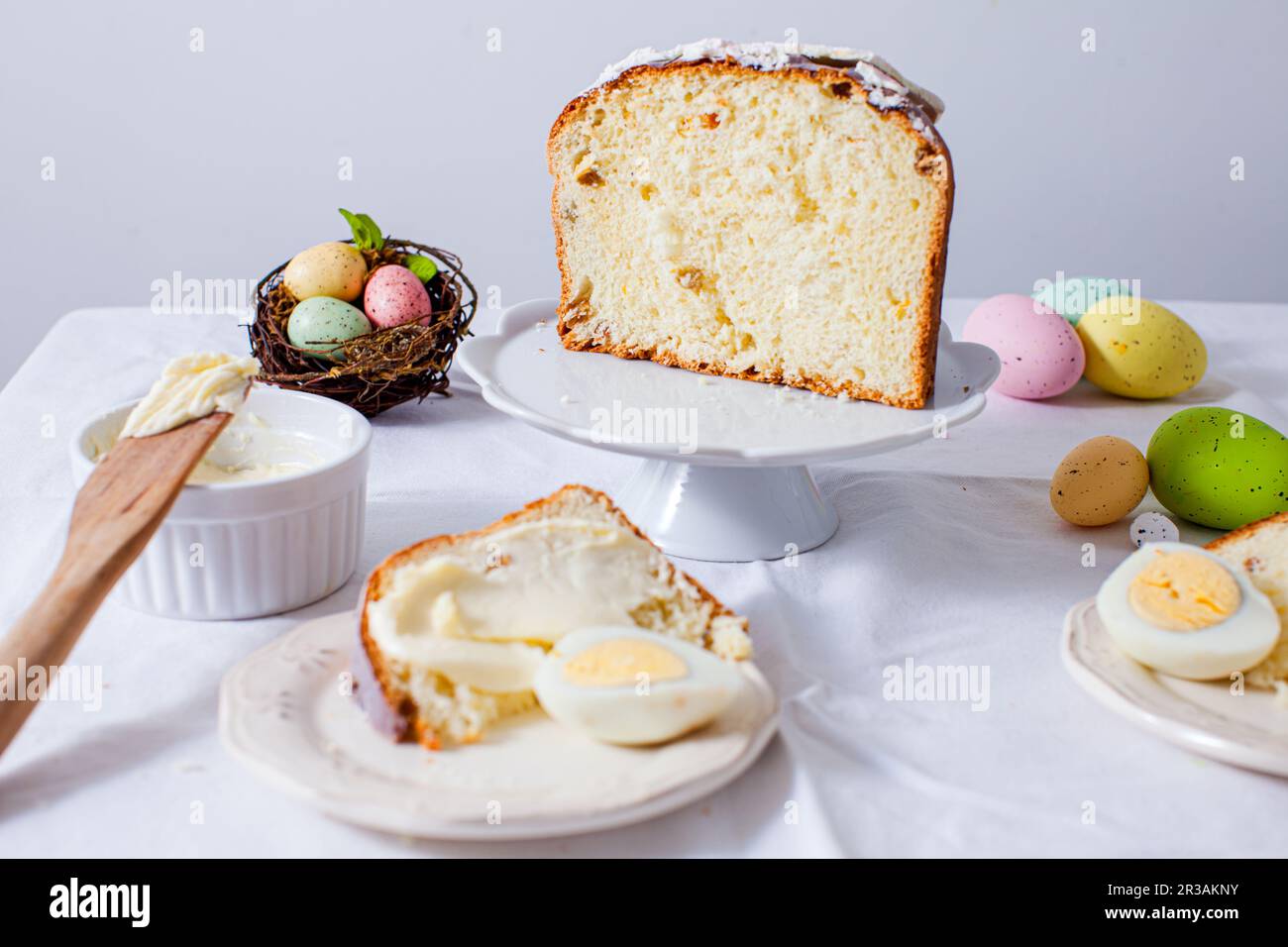 Close-up table served for traditional Easter brunch Stock Photo - Alamy