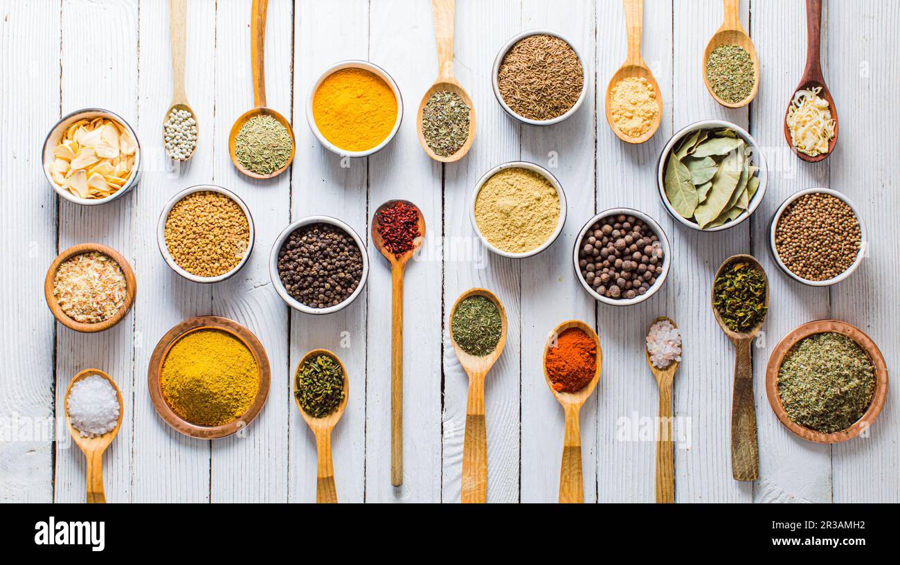 Lots of various spoons and bowls with spices Stock Photo - Alamy