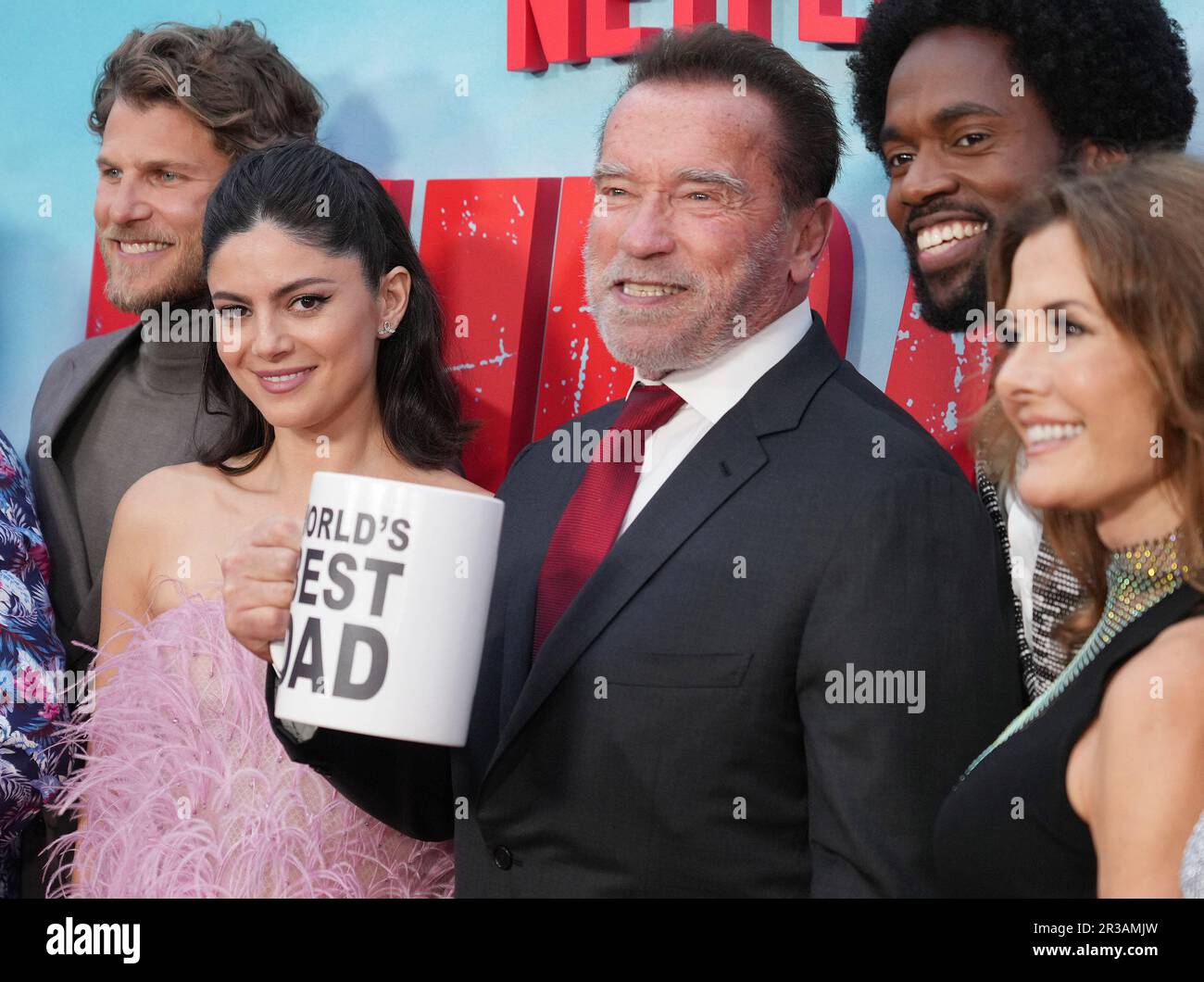 (L-R) Travis Van Winkle, Monica Barbaro, Arnold Schwarzenegger, Milan ...