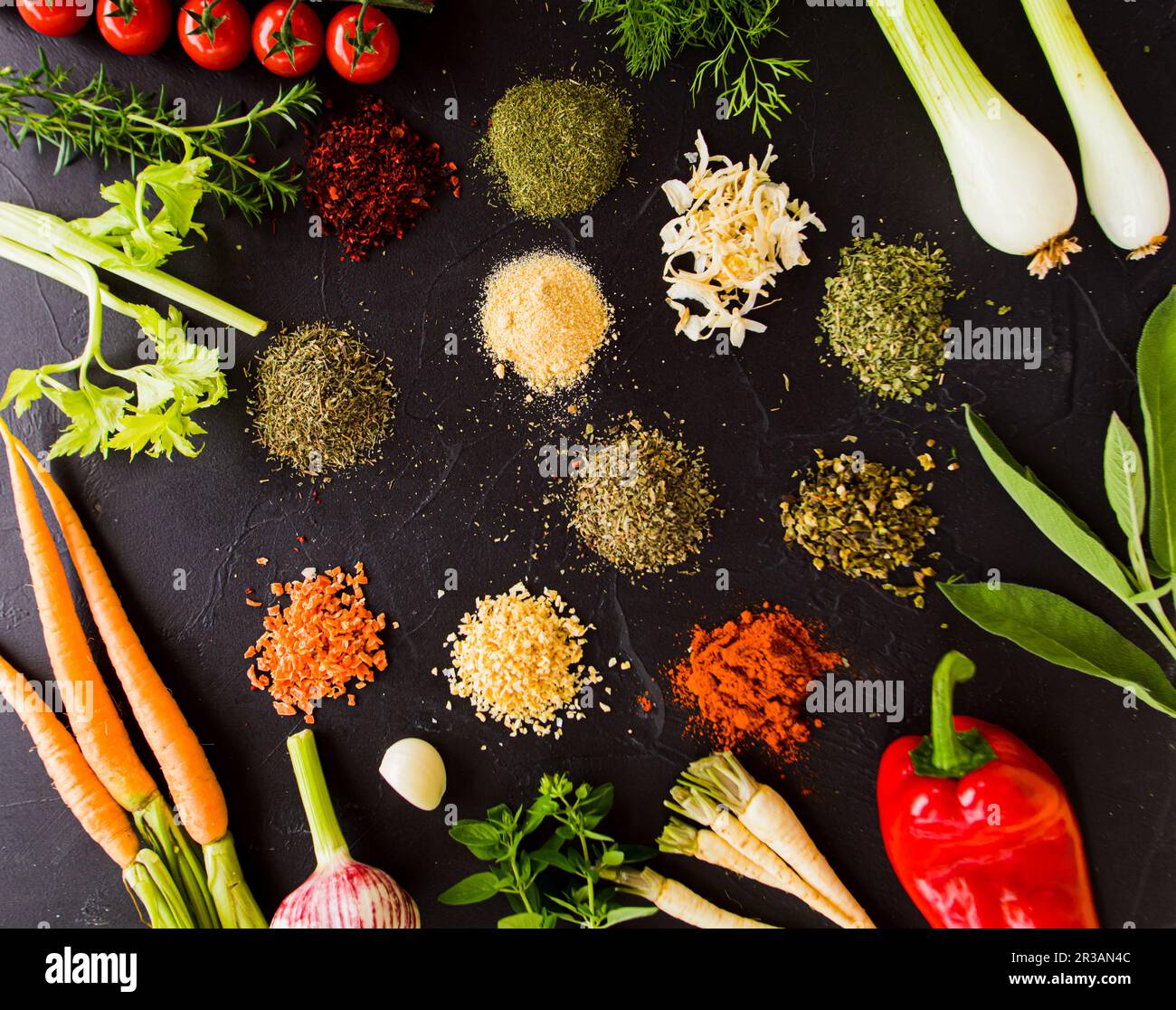 Healthy food cooking and vegetarian concept, spices and condiments ...