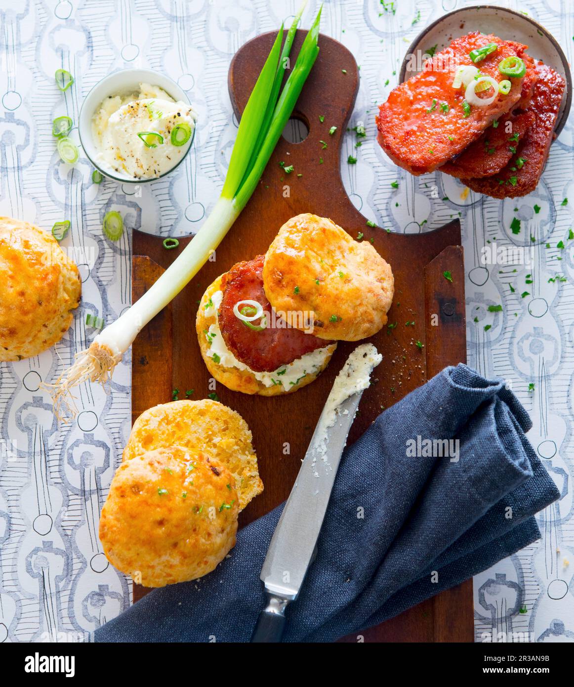 Scones topped with luncheon meat Stock Photo - Alamy