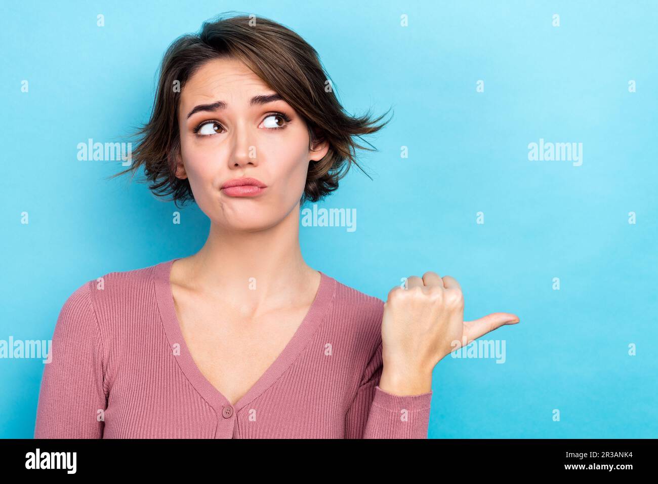 Closeup photo of funny suspicious face lady direct thumb finger empty ...