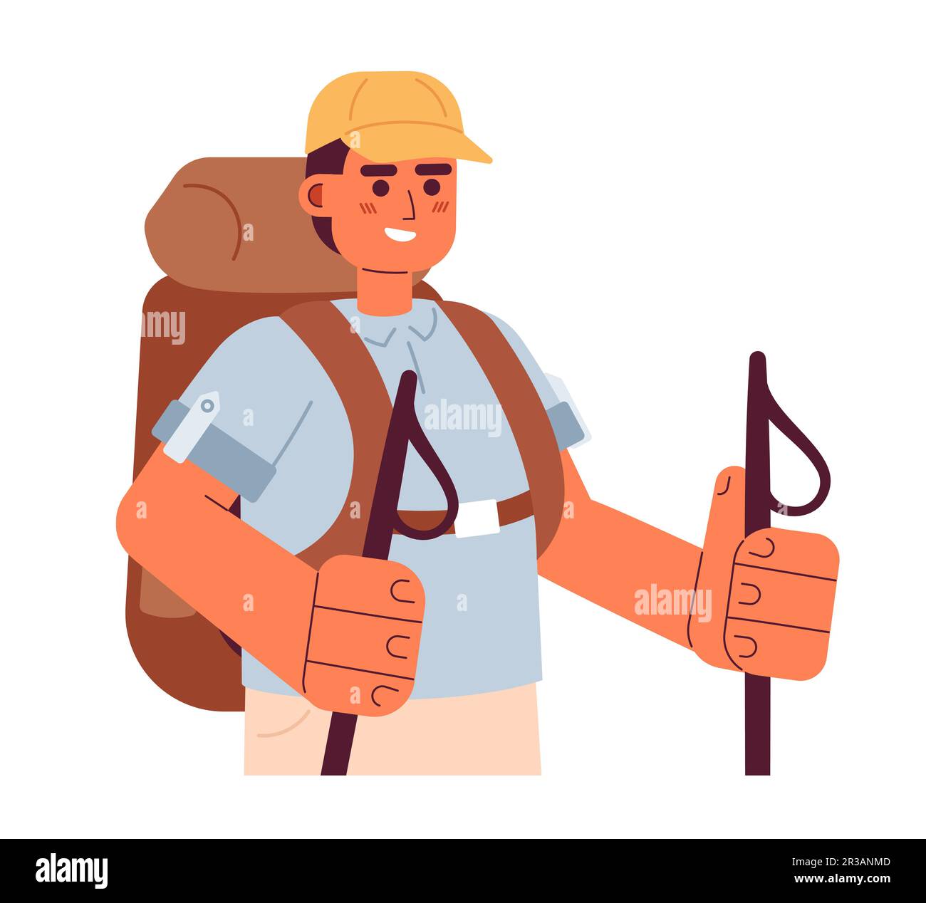 Explorer adventurer walking with trekking poles flat vector cartoon ...