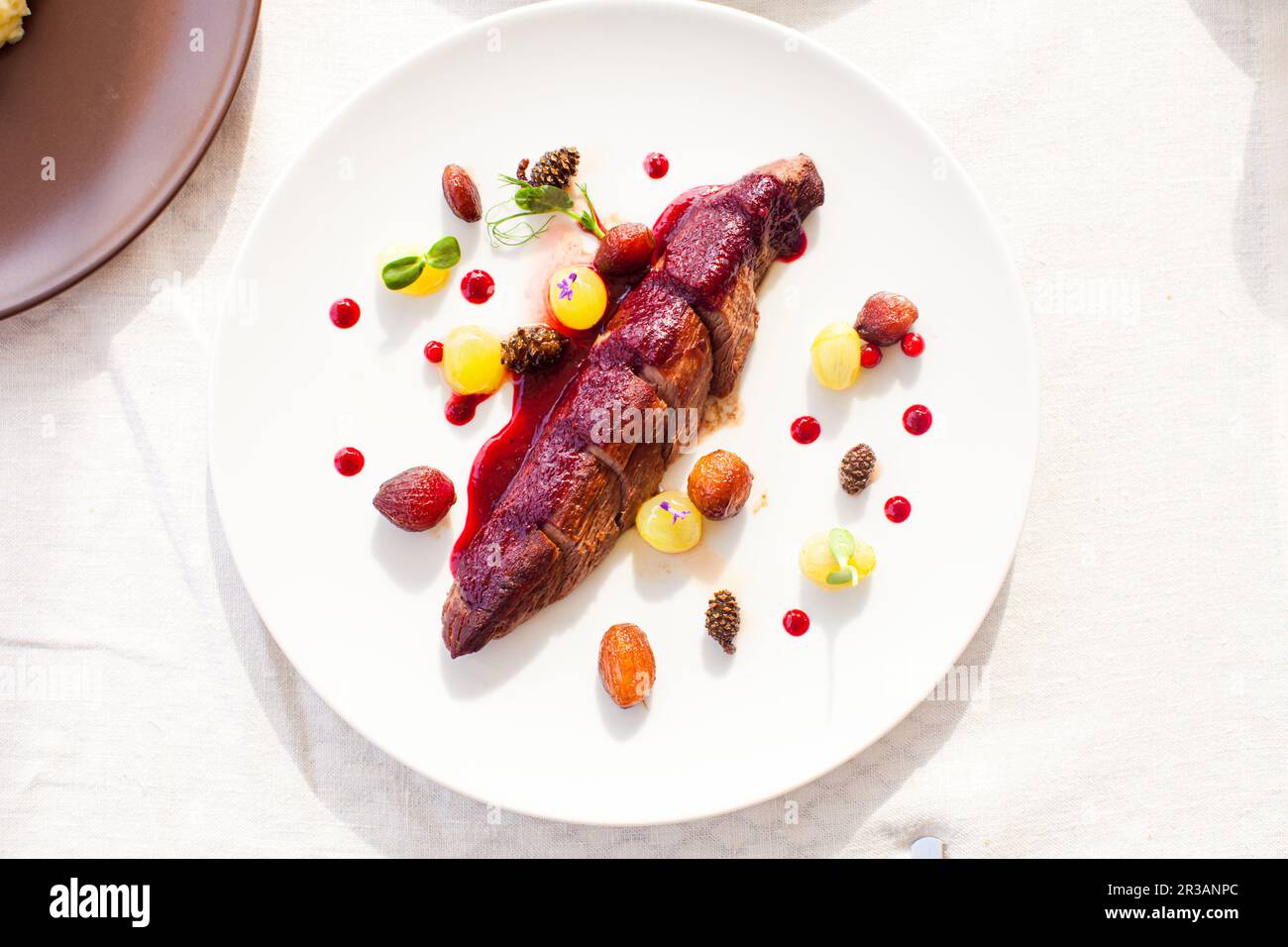 Top view plate with grilled wild deer fillet Stock Photo - Alamy