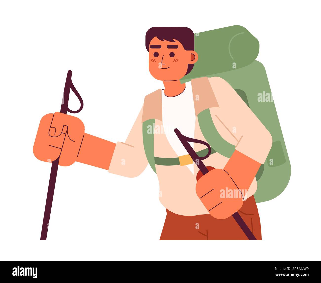 Backpacker trekker with walking poles flat vector cartoon character ...