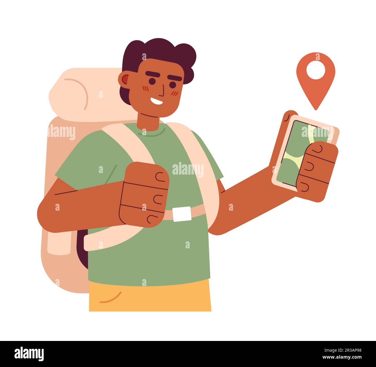 Male black backpacker trekking with hiking app flat vector cartoon ...
