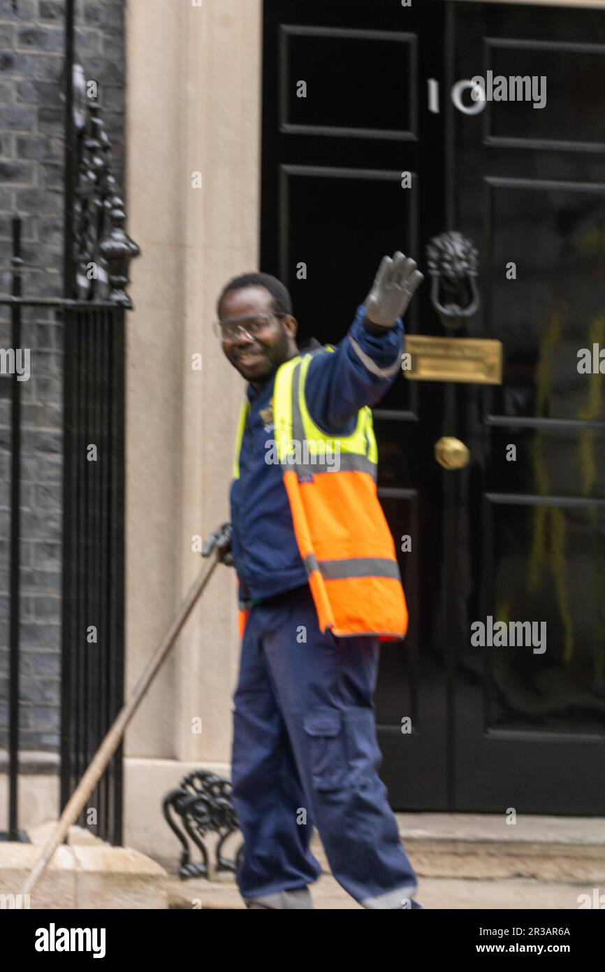 London, UK. 23rd May, 2023. Street sweeper at 10 Downing Street London ...