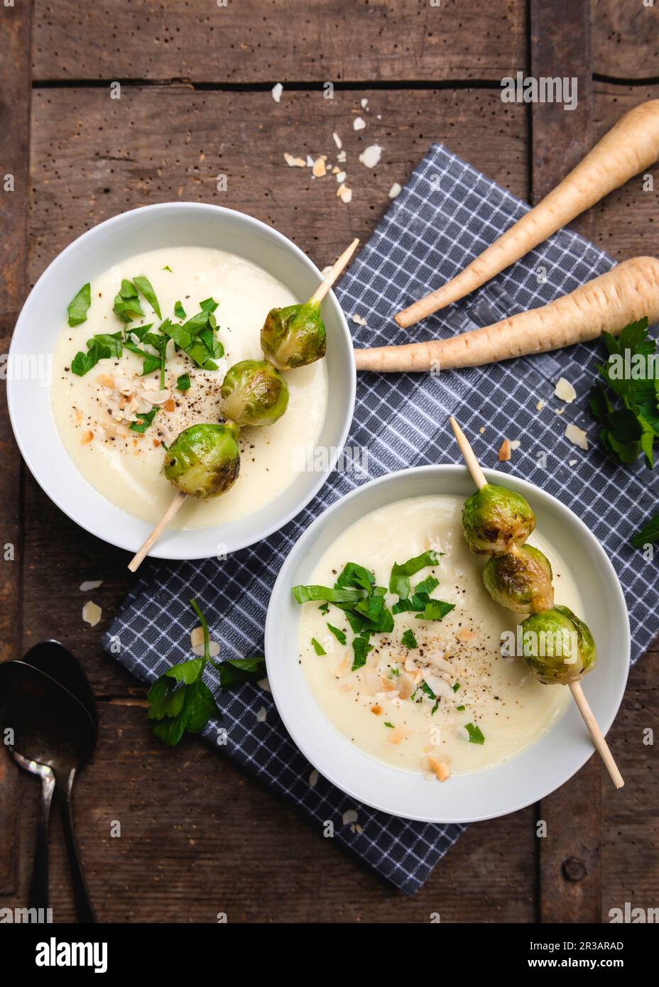 Vegan parsnip cream soup with roasted Brussels sprouts Stock Photo - Alamy