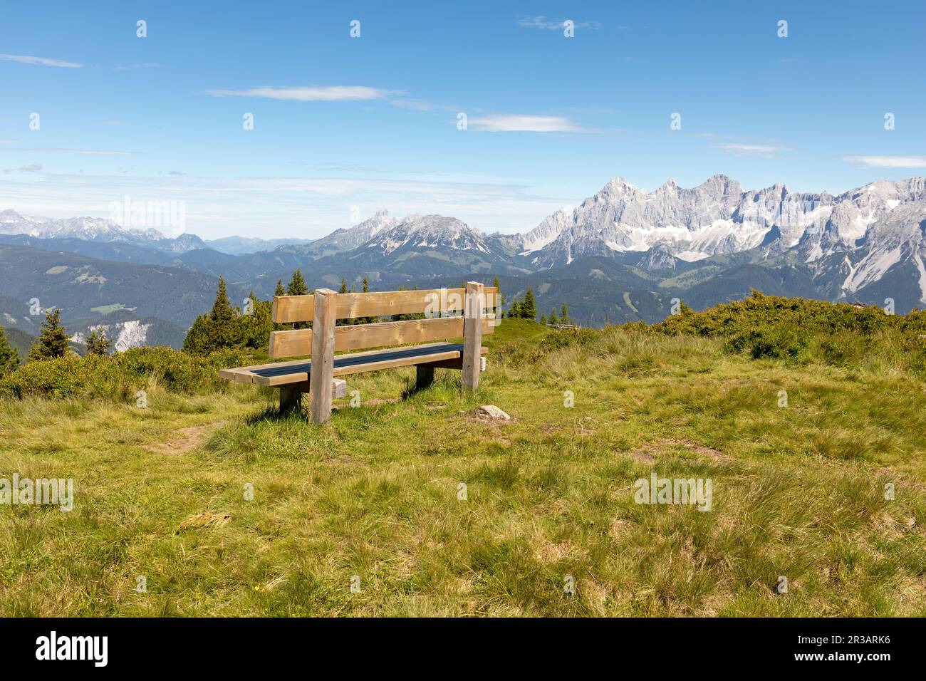 Bench in front of Dachstein massif in Styria, Austria, Europe Stock ...