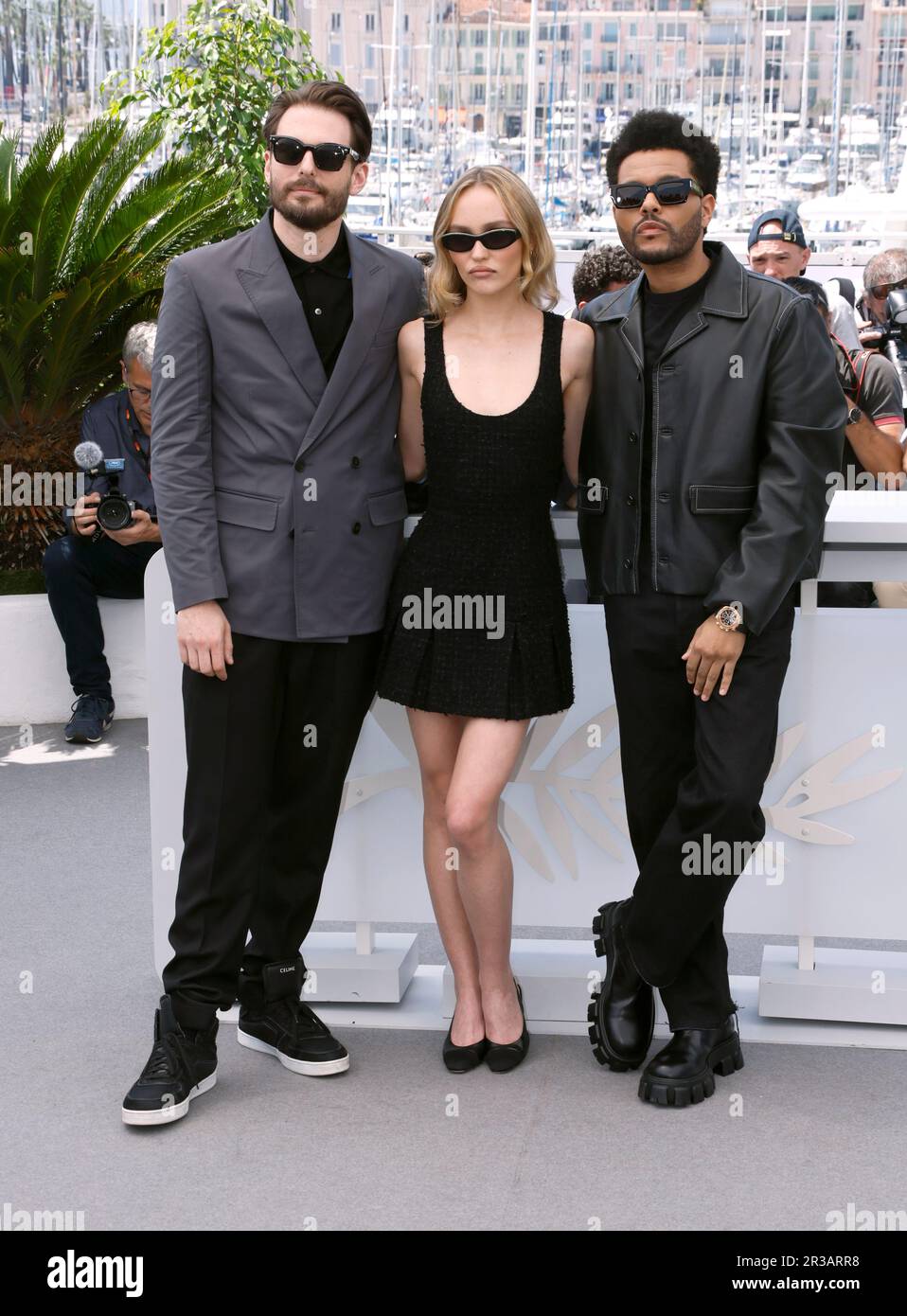 Director Sam Levinson, from left, Lily-Rose Depp, and Abel Tesfaye pose ...