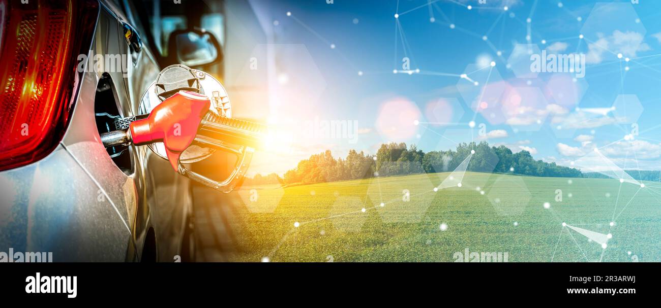 Gas station banner background. Pistol with gasoline and diesel fuel at ...