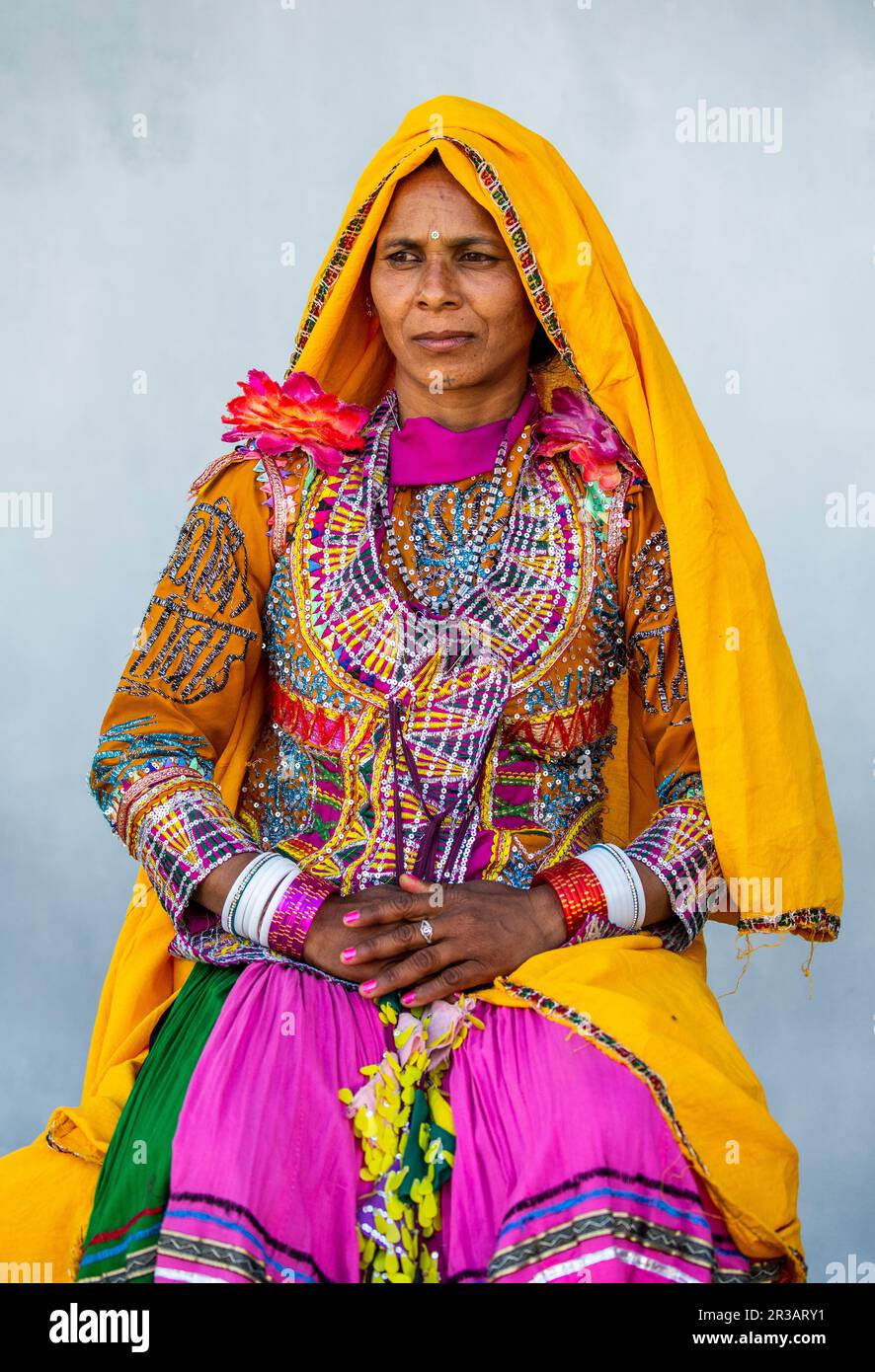 Portrait of a woman of the Rabari ethnic group in traditional dress ...