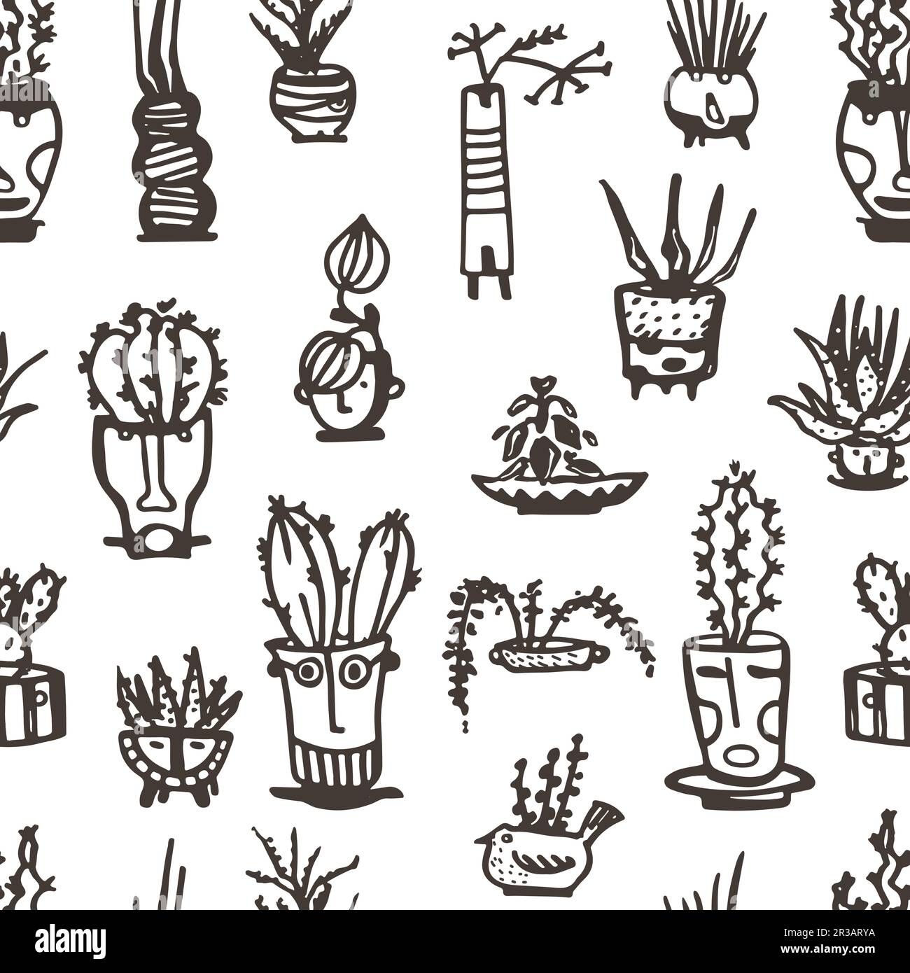 Seamless pattern Black Ceramic pots with cactus comic faces. Different ...