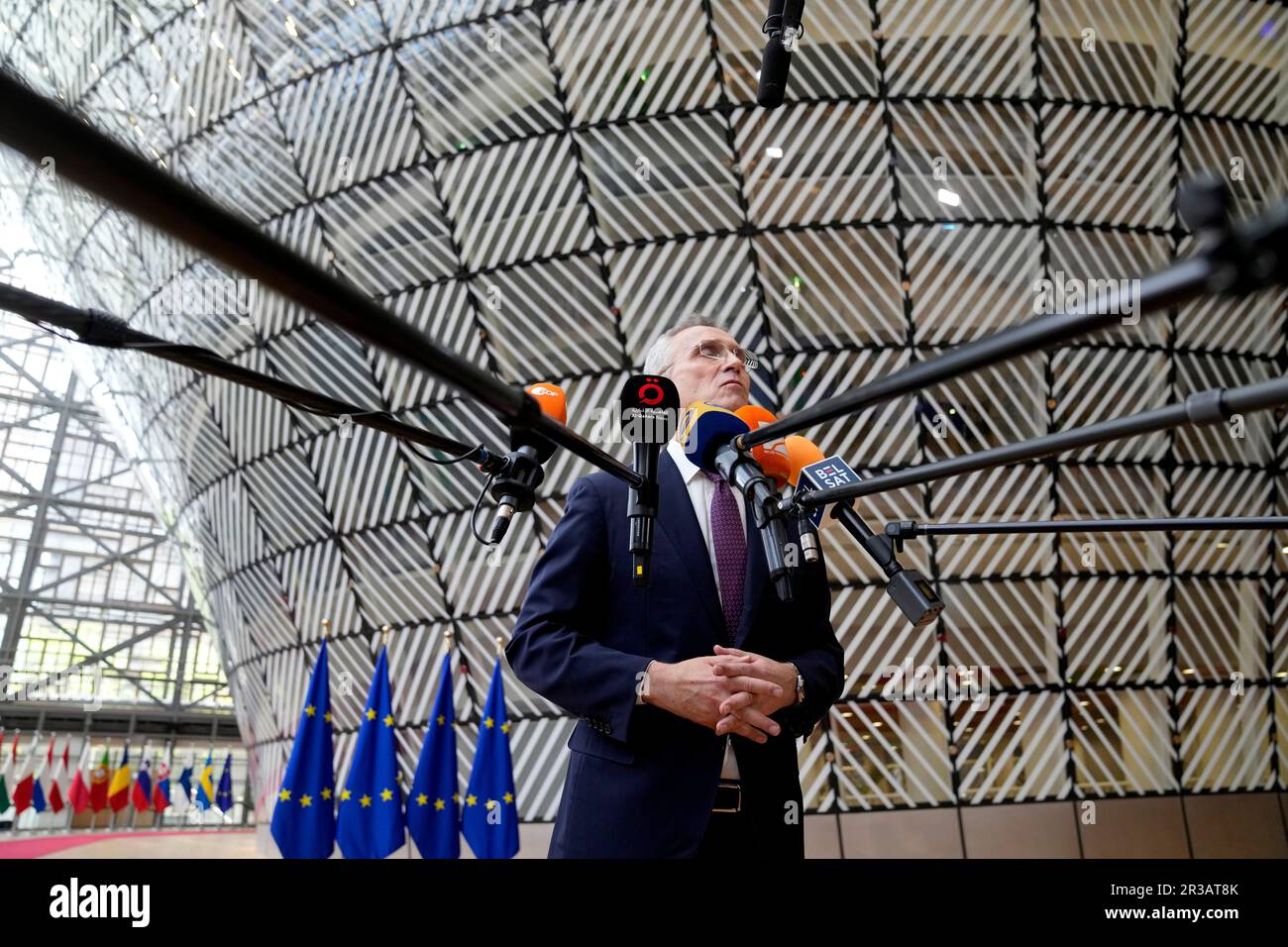 NATO Secretary General Jens Stoltenberg pauses before answering a question from the media as he ...