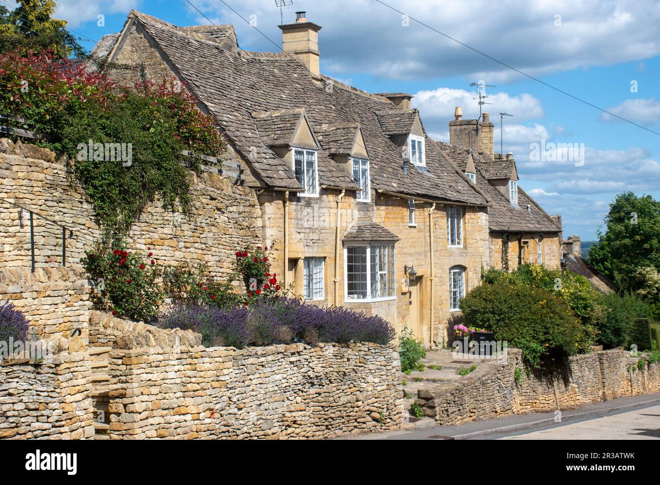 Row of Country cottages in a village Bourton on the Hill the Cotswolds ...