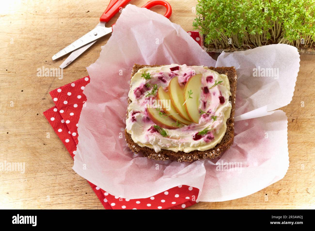 A slice of wholemeal bread topped with apple, beetroot and cress Stock ...