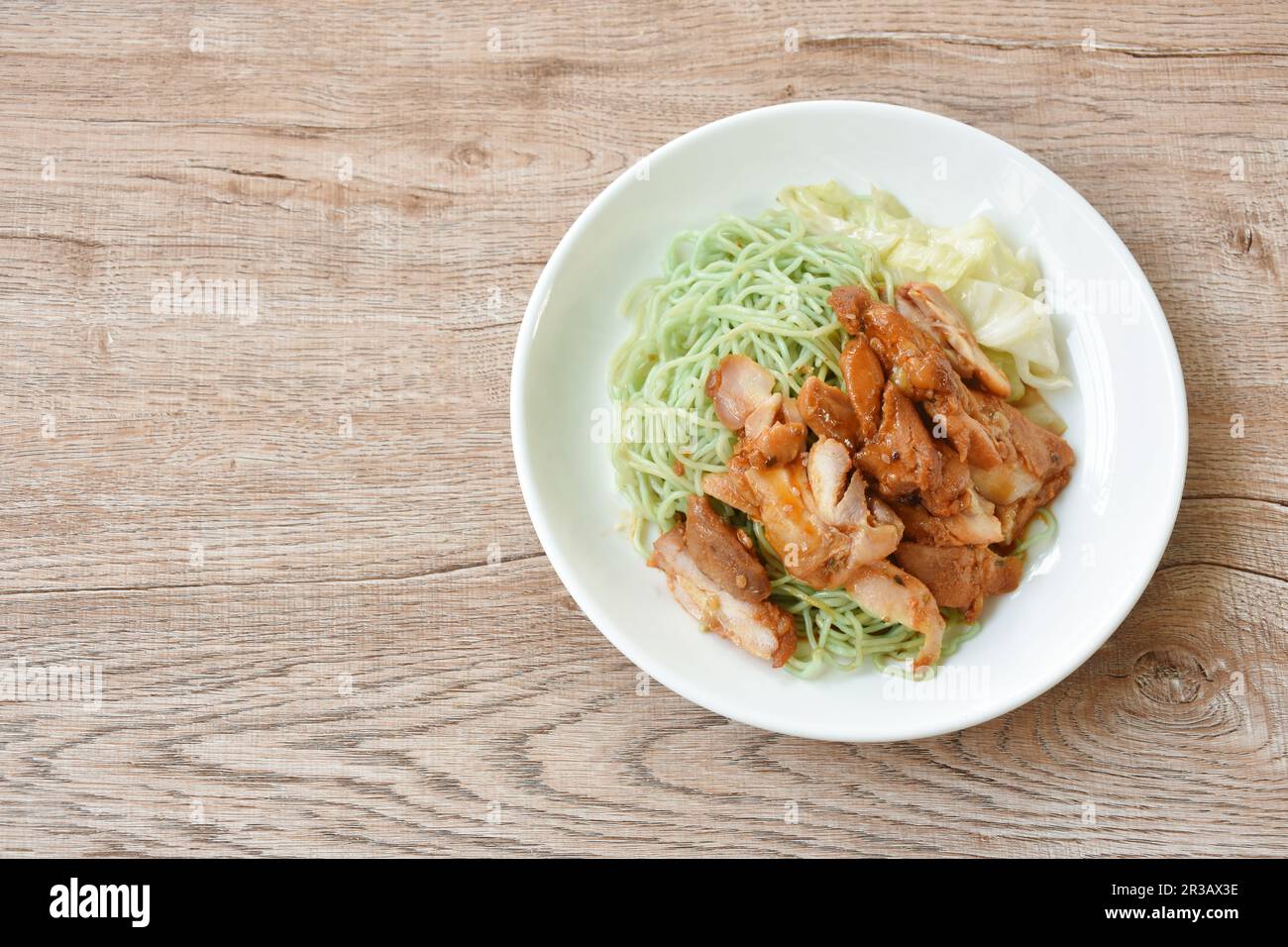 jade Chinese egg noodles topping Korean fried slice chicken with ...