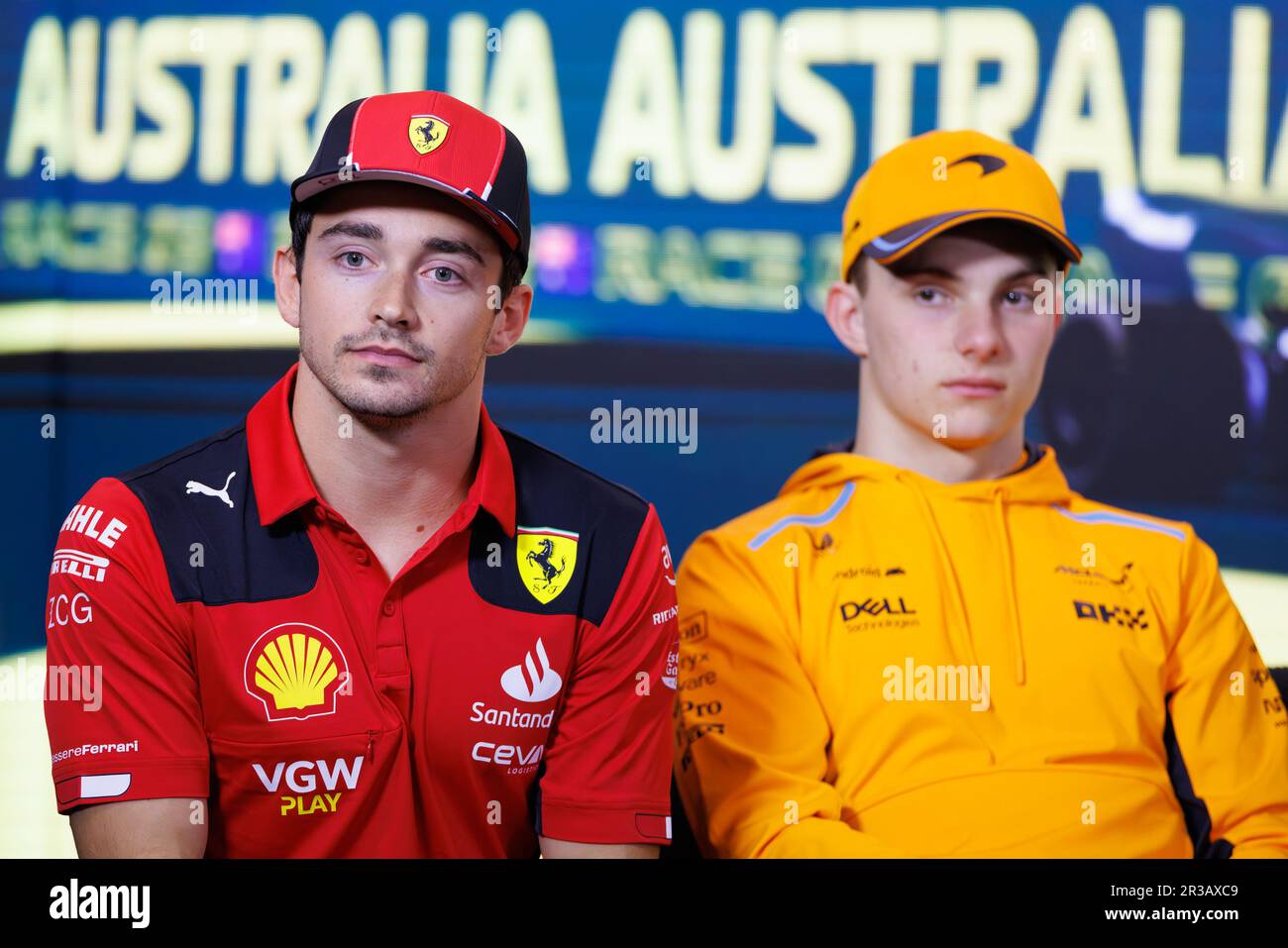 Charles Leclerc (MCO) of team Ferrari and Oscar Piastri (AUS) of team ...