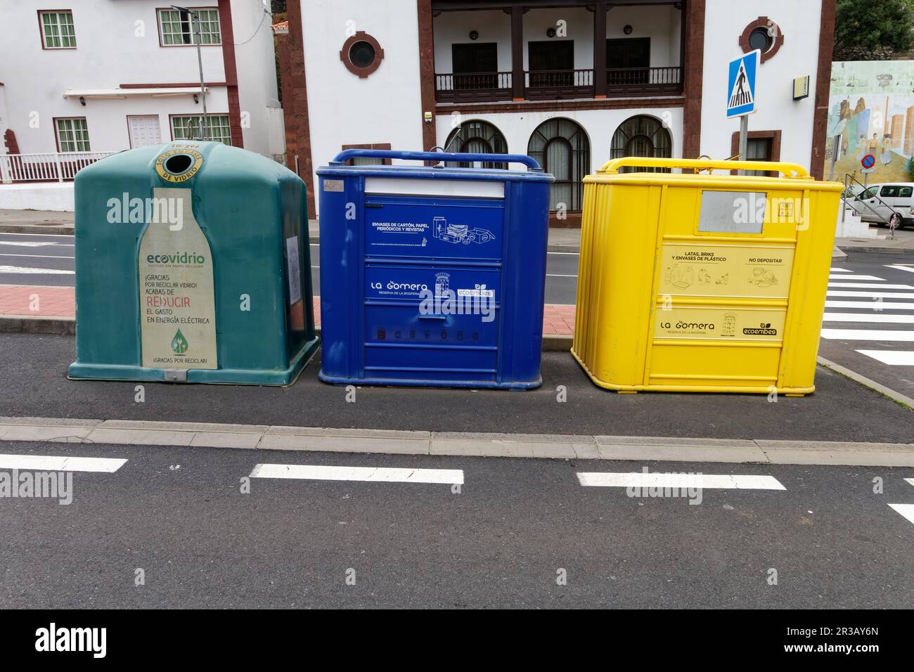 Waste management containers in the street of Hermigua, La Gomera Stock ...