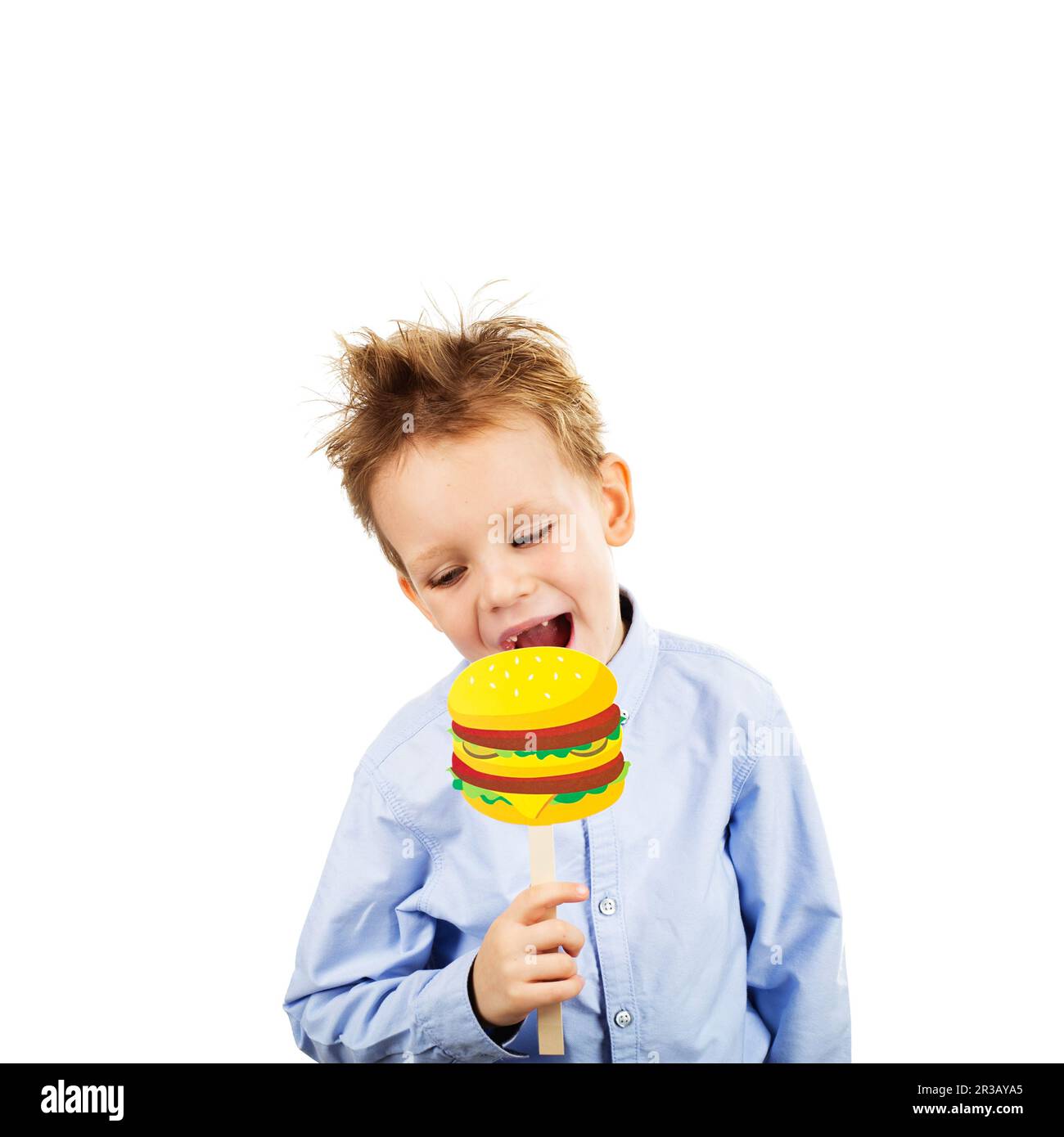 Cute little school boy with fake paper burger isolated on a white ...