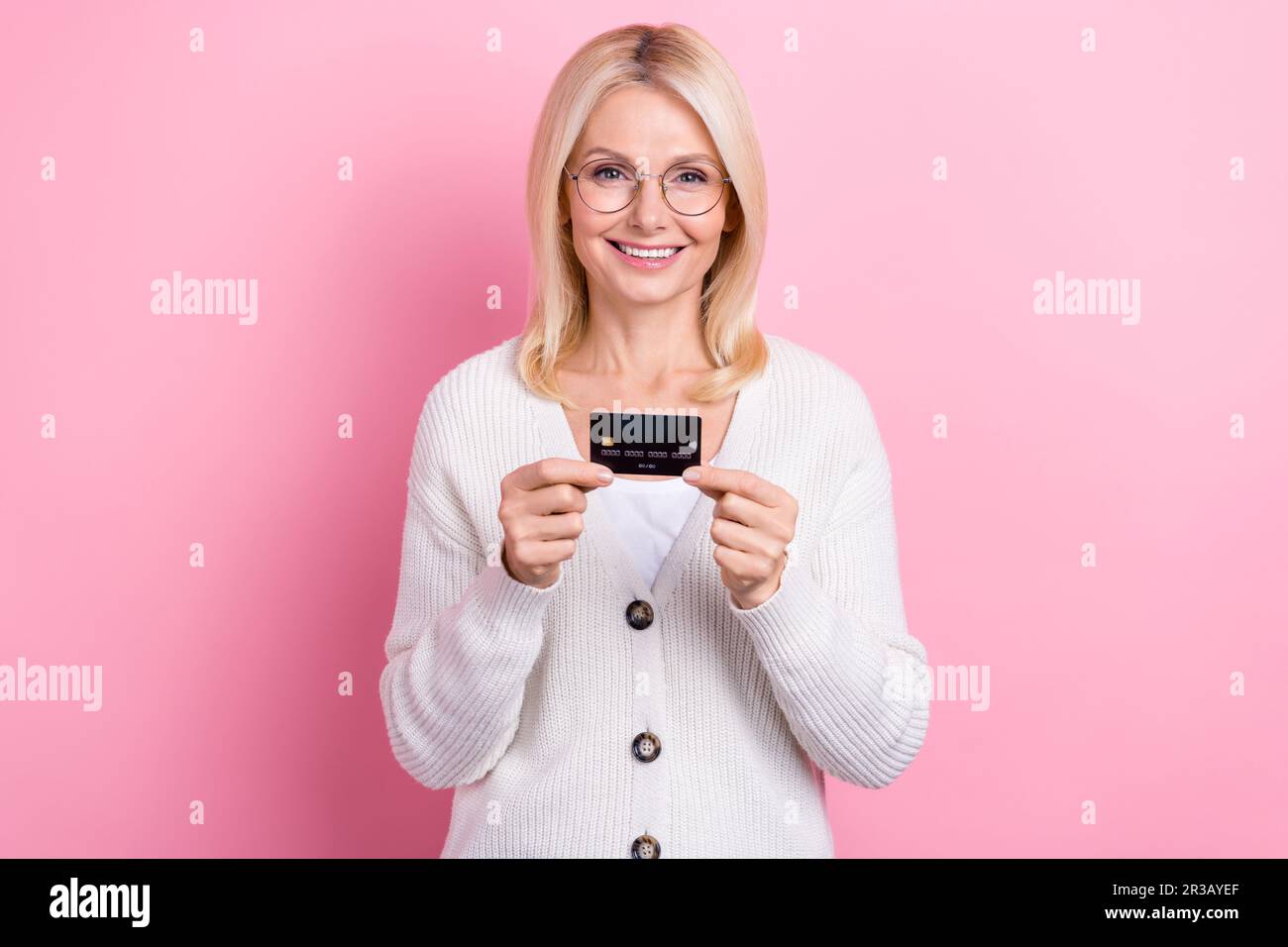 Photo of optimistic positive senior woman with bob hairdo dressed knit ...