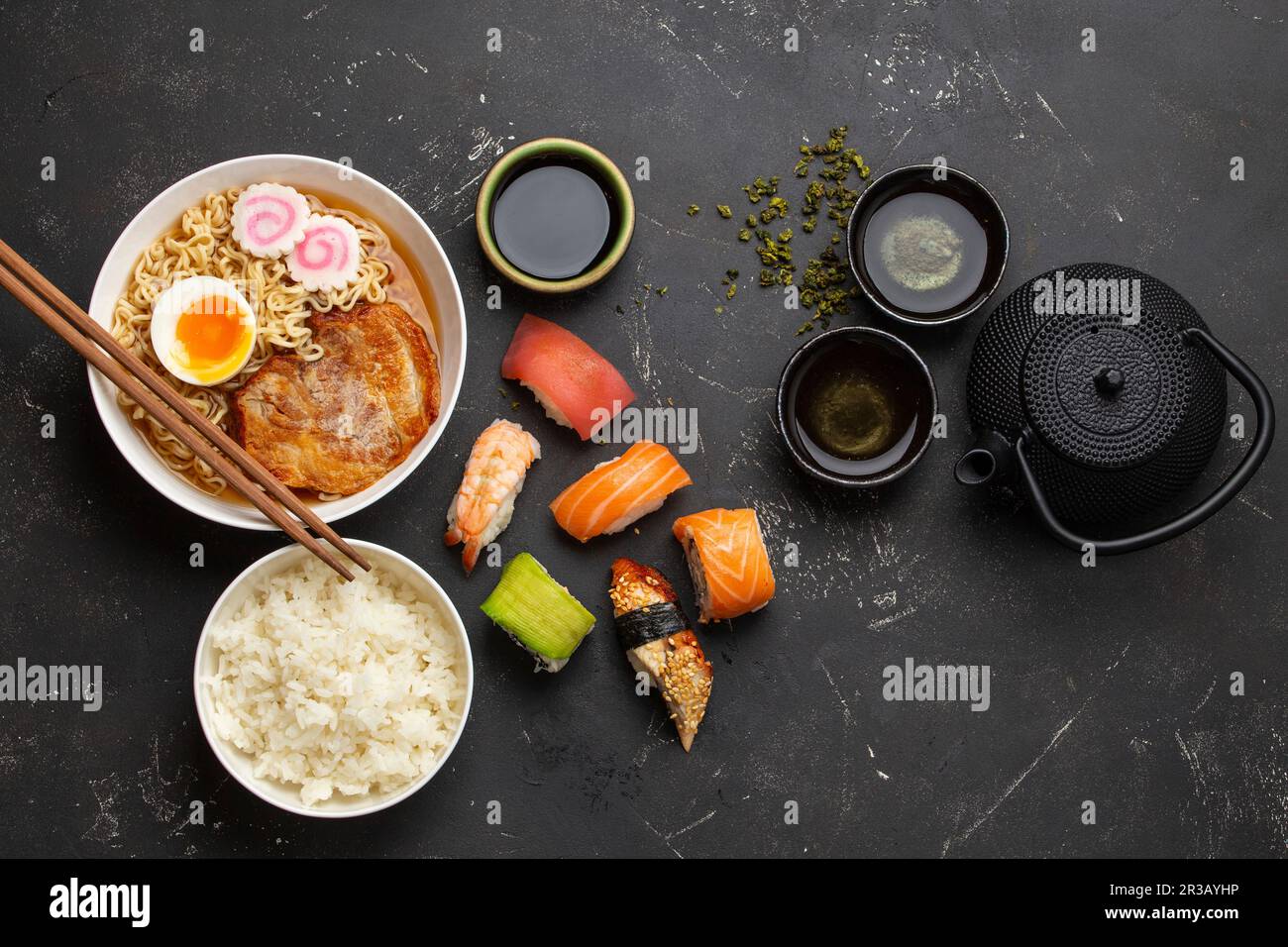 Japanese dishes set: Soup ramen, boiled rice, sushi Stock Photo - Alamy