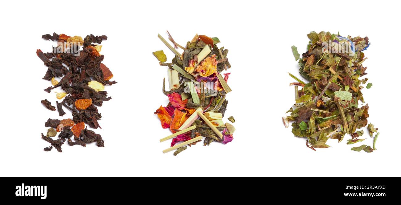 Top view of an assortment of loose tea leaves isolated on white Stock ...
