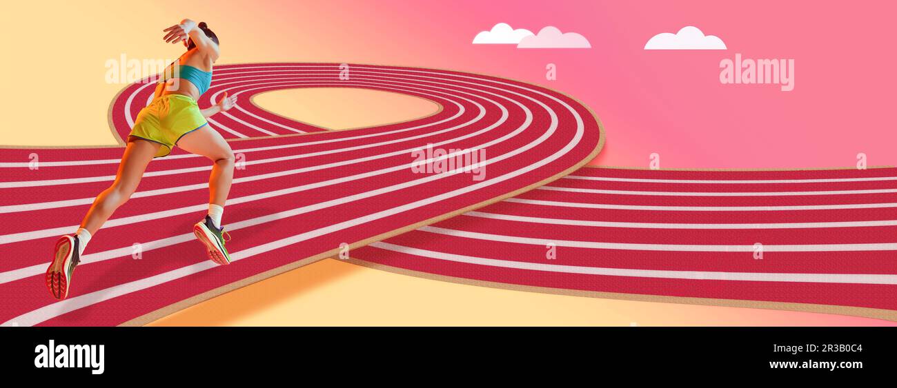 Collage with one professional sports girl, runner wearing sportswear ...