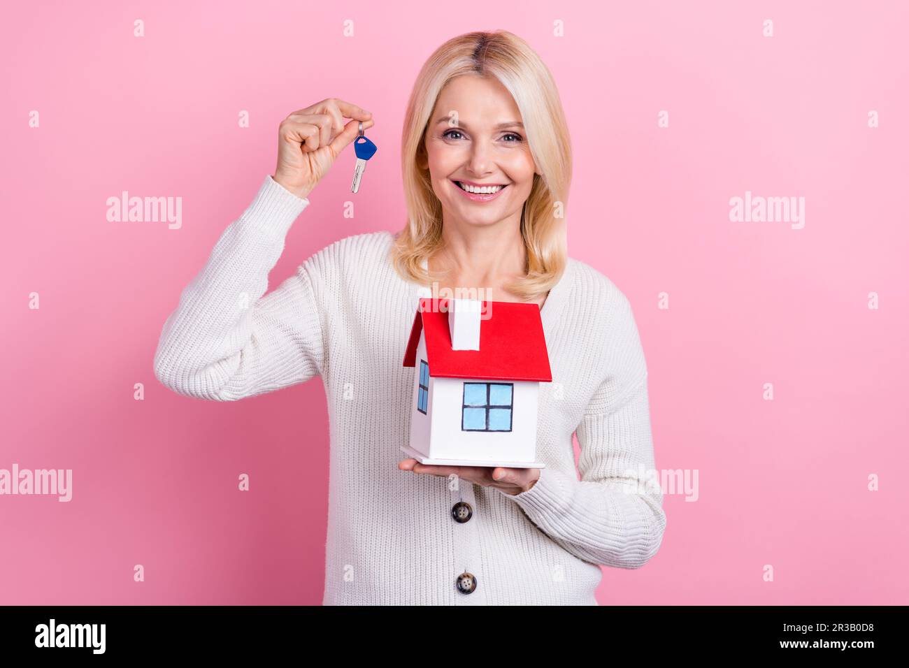 Photo of toothy beaming satisfied woman with bob hairdo dressed knit ...