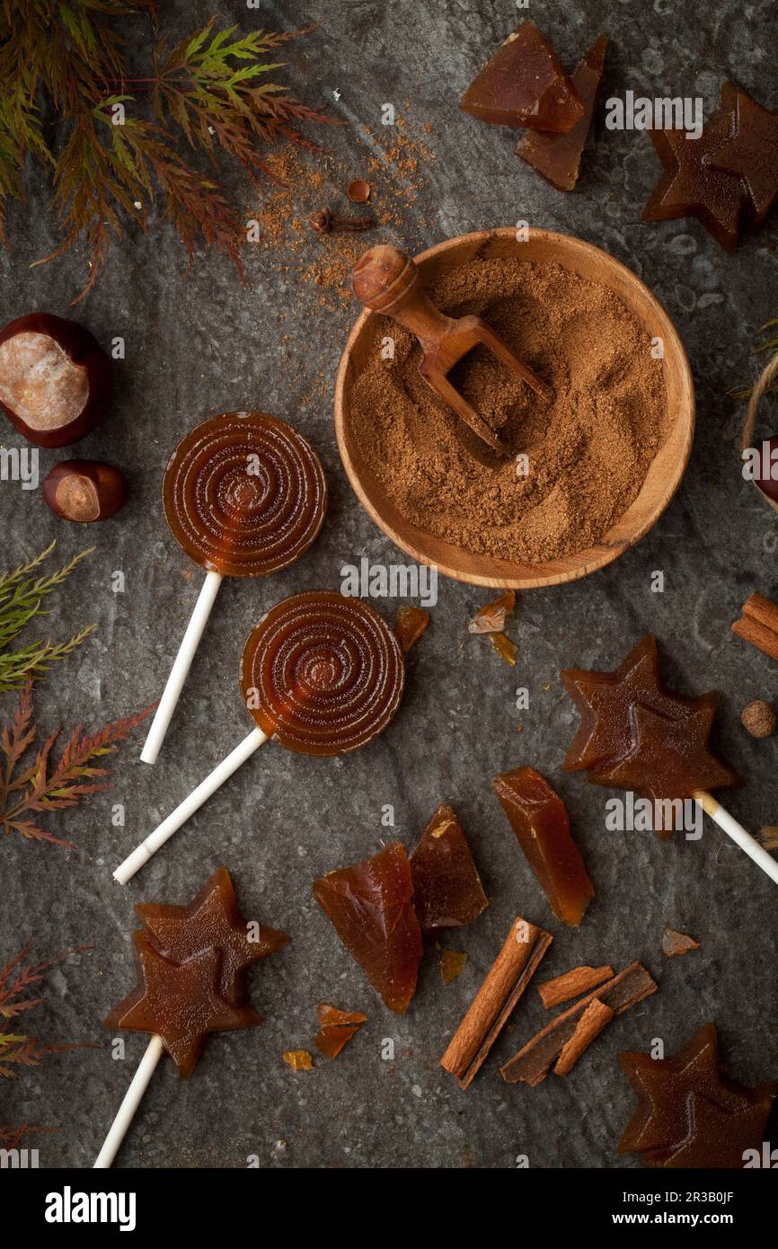 Toffee lollipops in an autumn setting Stock Photo - Alamy