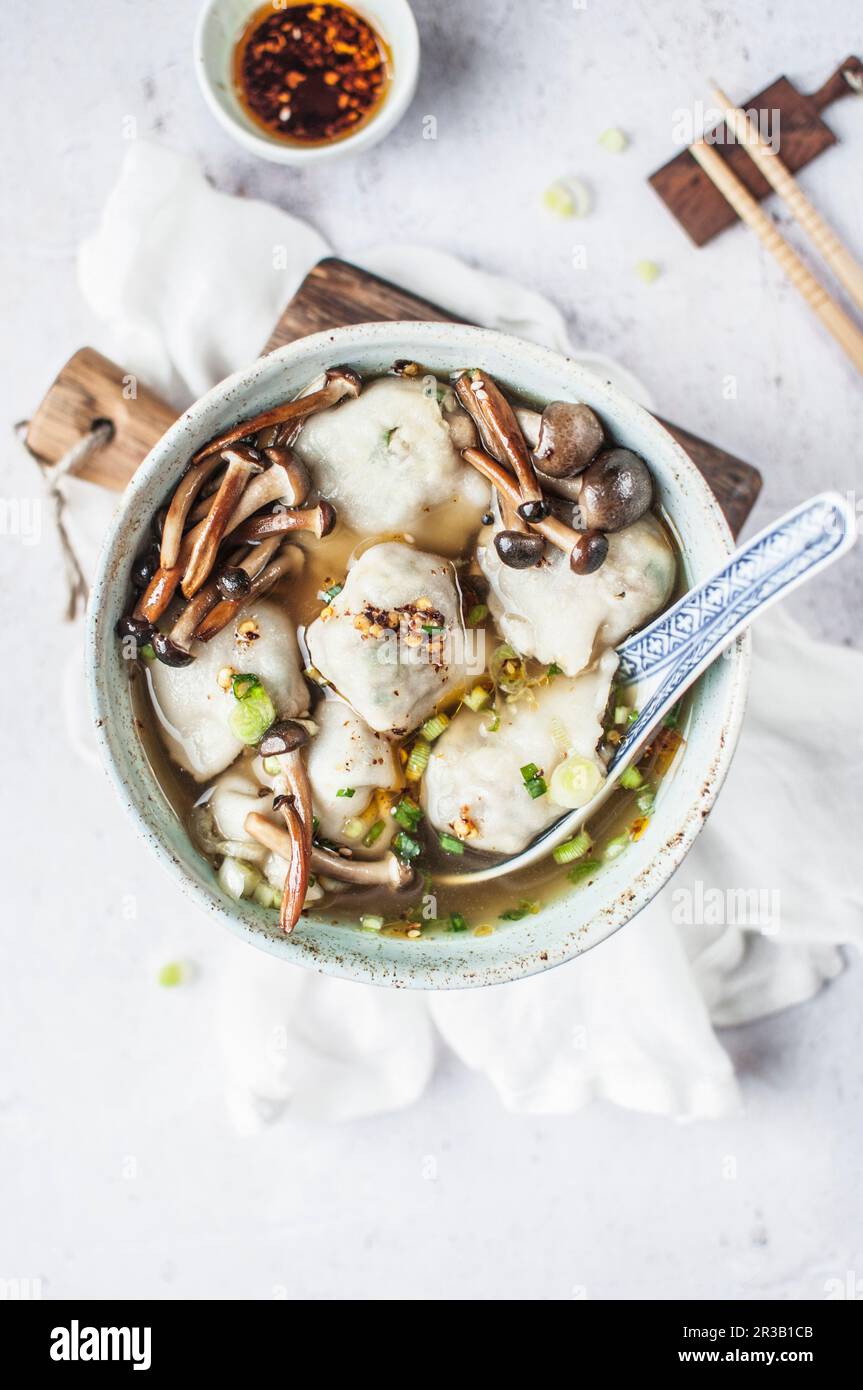 Wonton soup - Vegan vegetable and mushroom broth, wonton dumplings with ...