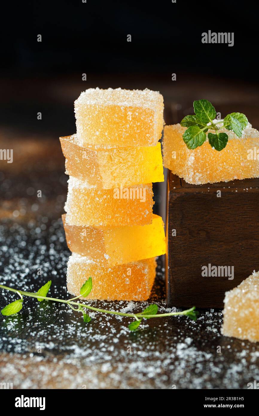 Fruit jelly candies. Homemade orange, pear or apricot candies in sugar ...