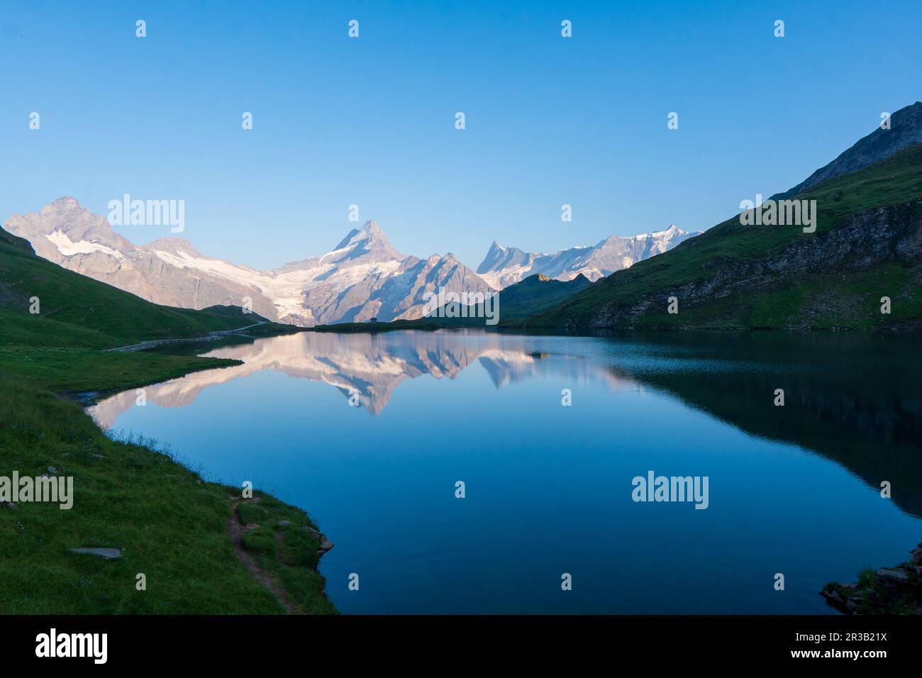 Sunrise view on Bernese range above Bachalpsee lake. Popular tourist ...