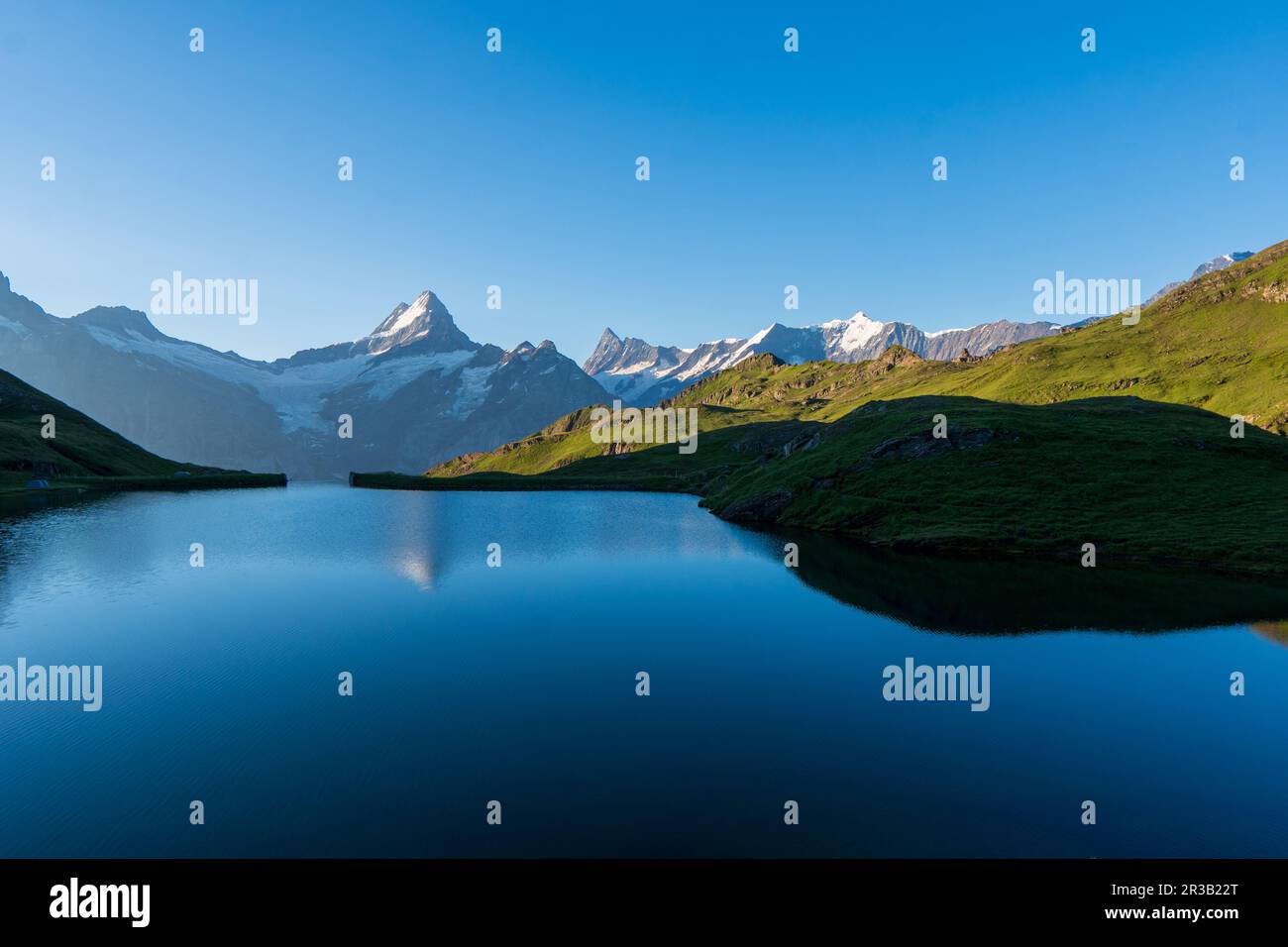 Sunrise view on Bernese range above Bachalpsee lake. Highest peaks ...