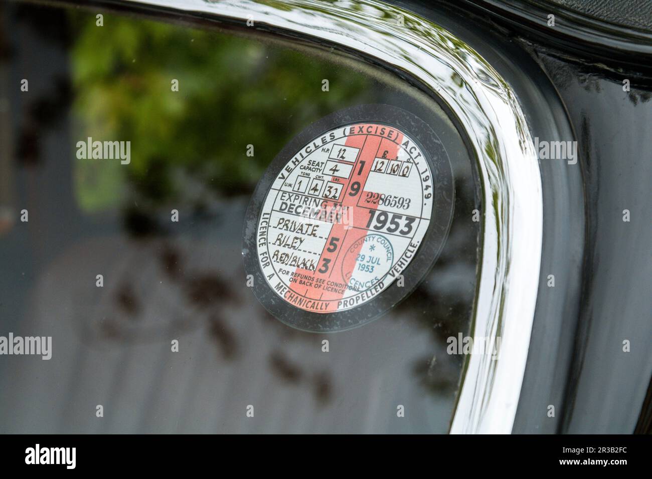 1953 tax disc on a Riley car. Lytham Hall Classic Car Show 2023 Stock ...
