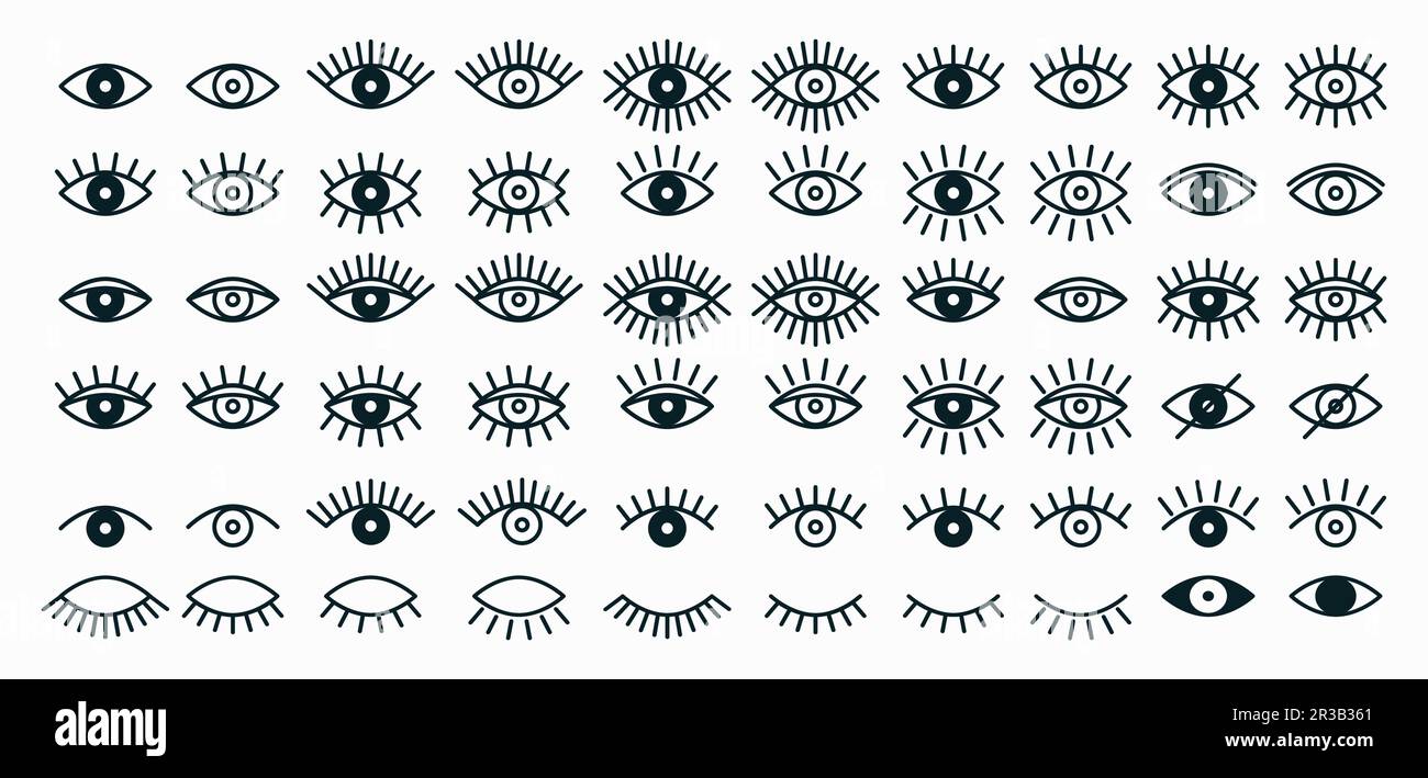 Vector Simple Flat Black and White Outline Eye Icons. Linear Open and ...