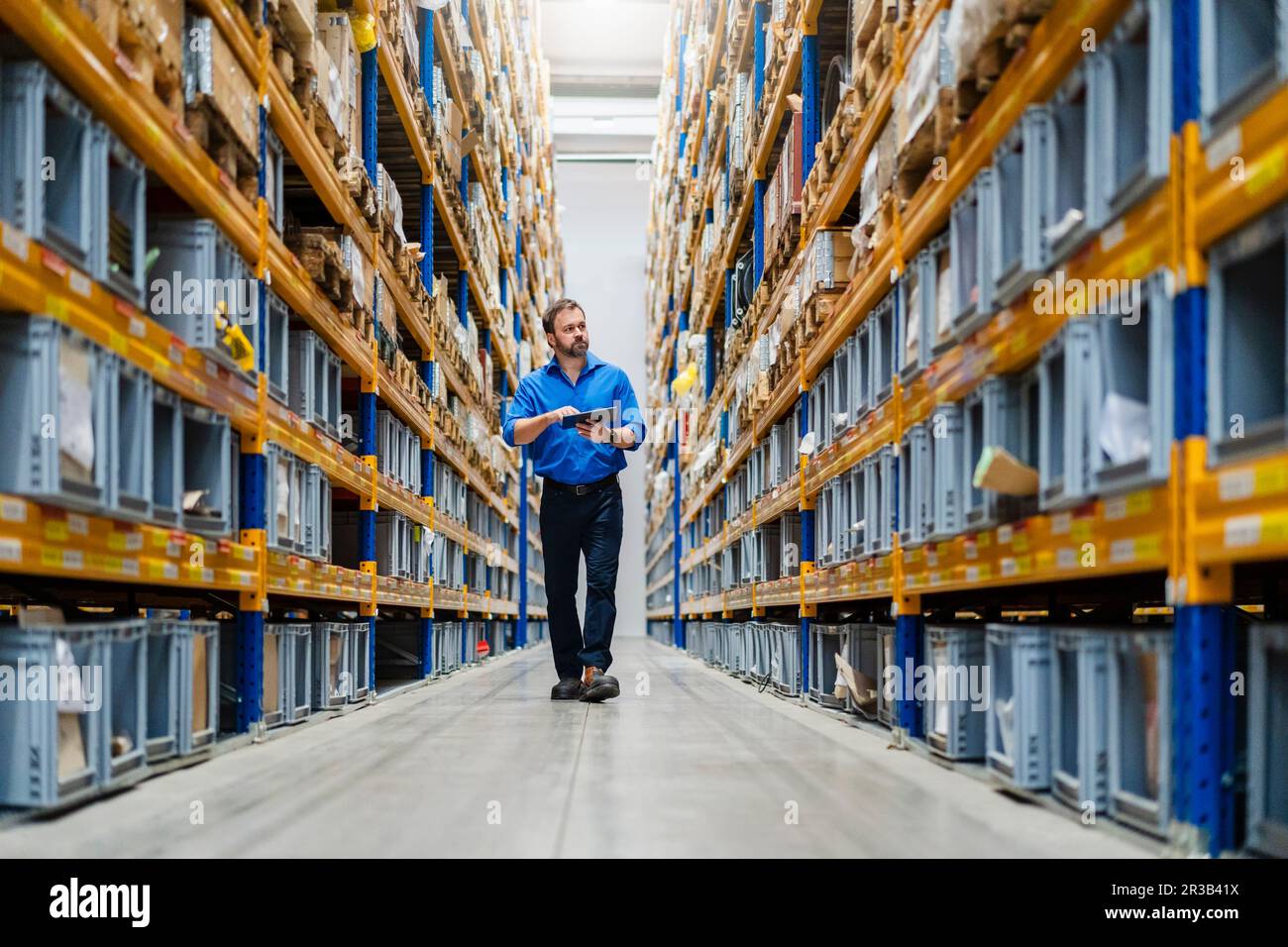 Manager taking inventory walking in warehouse Stock Photo - Alamy
