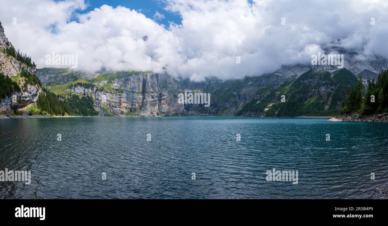 Switzerland Kandersteg view of famous Oeschinensee late summer Stock ...
