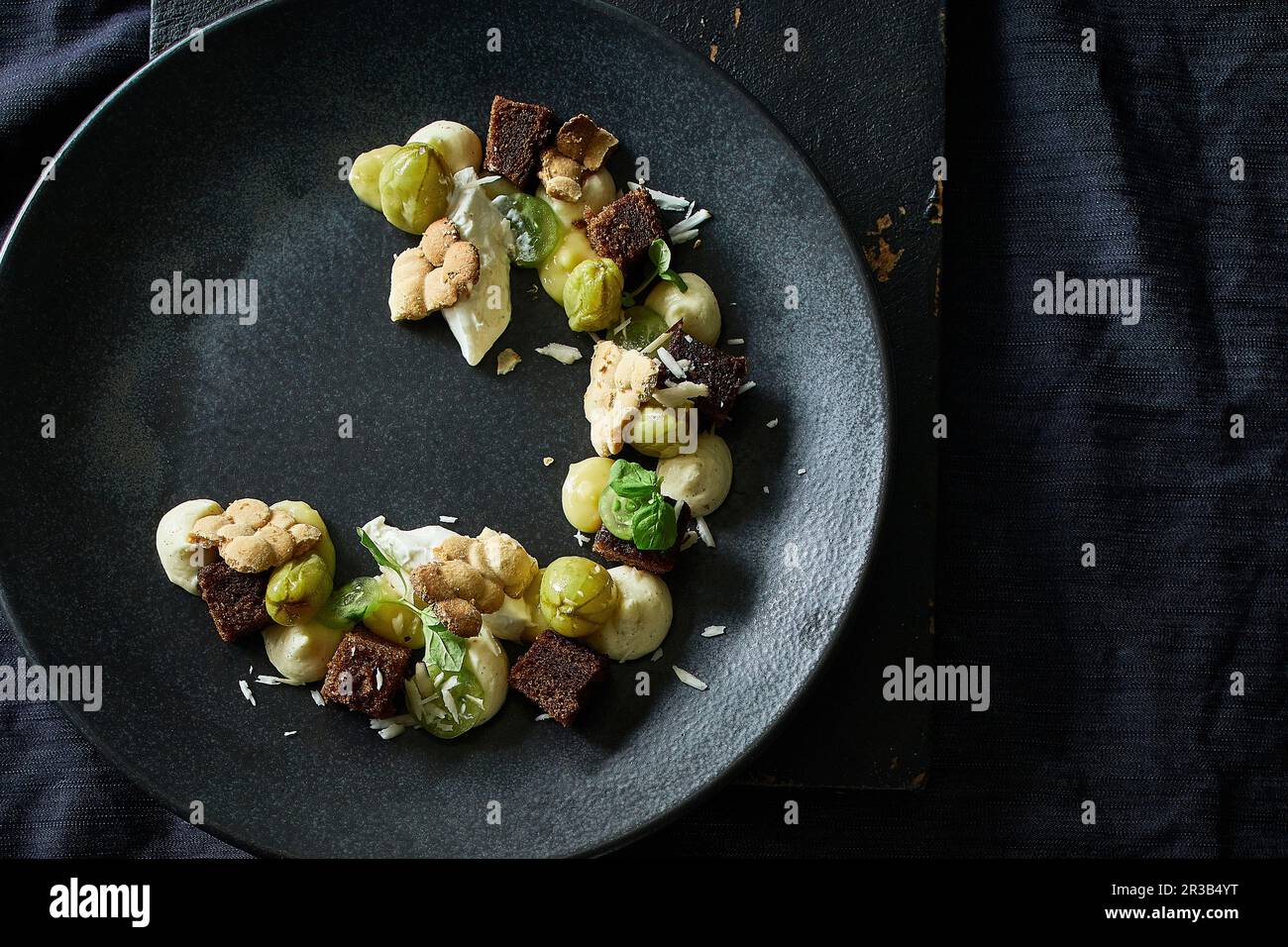 Deconstructed gooseberry fool with spiced ginger cake, baked white ...