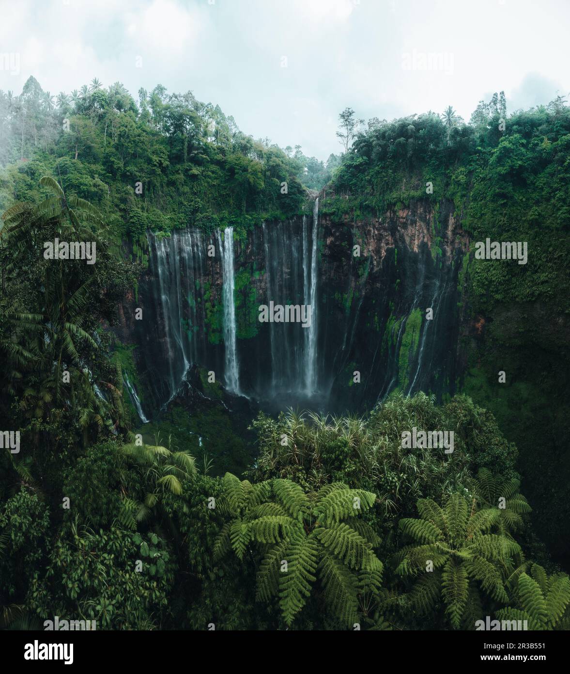 Aerial drone view of Waterfall - Tumpak Sewu, Java. Indonesia. Asia ...