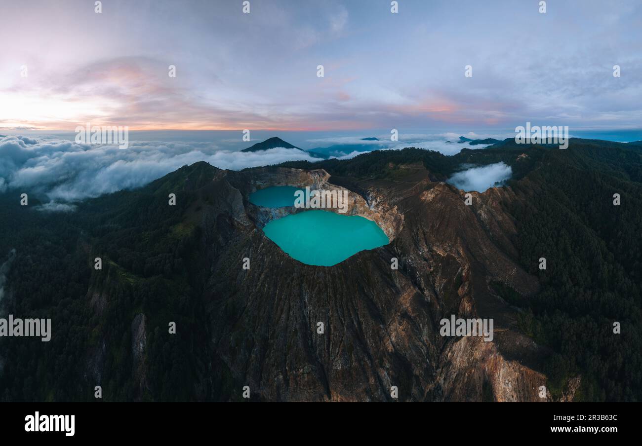 Aerial Drone view of Danau volcano Kelimutu in Ende, Flores island ...