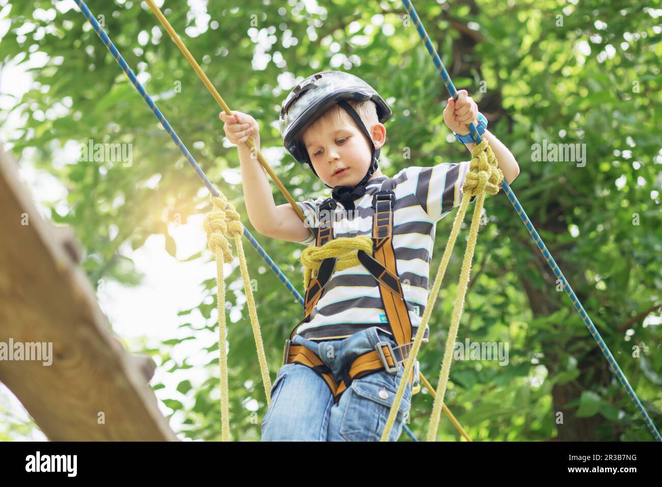 Kids climbing in adventure park. Boy enjoys climbing in the ropes ...