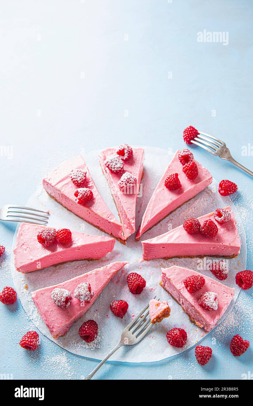 Cheesecake made with cream cheese, raspberry puree and set with ...
