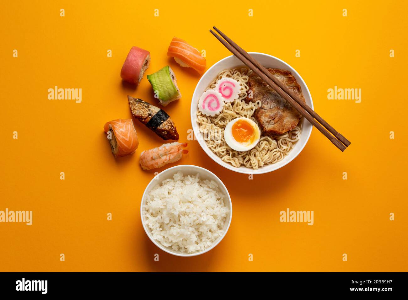 Traditional Japanese food (ramen soup, rice and sushi Stock Photo - Alamy