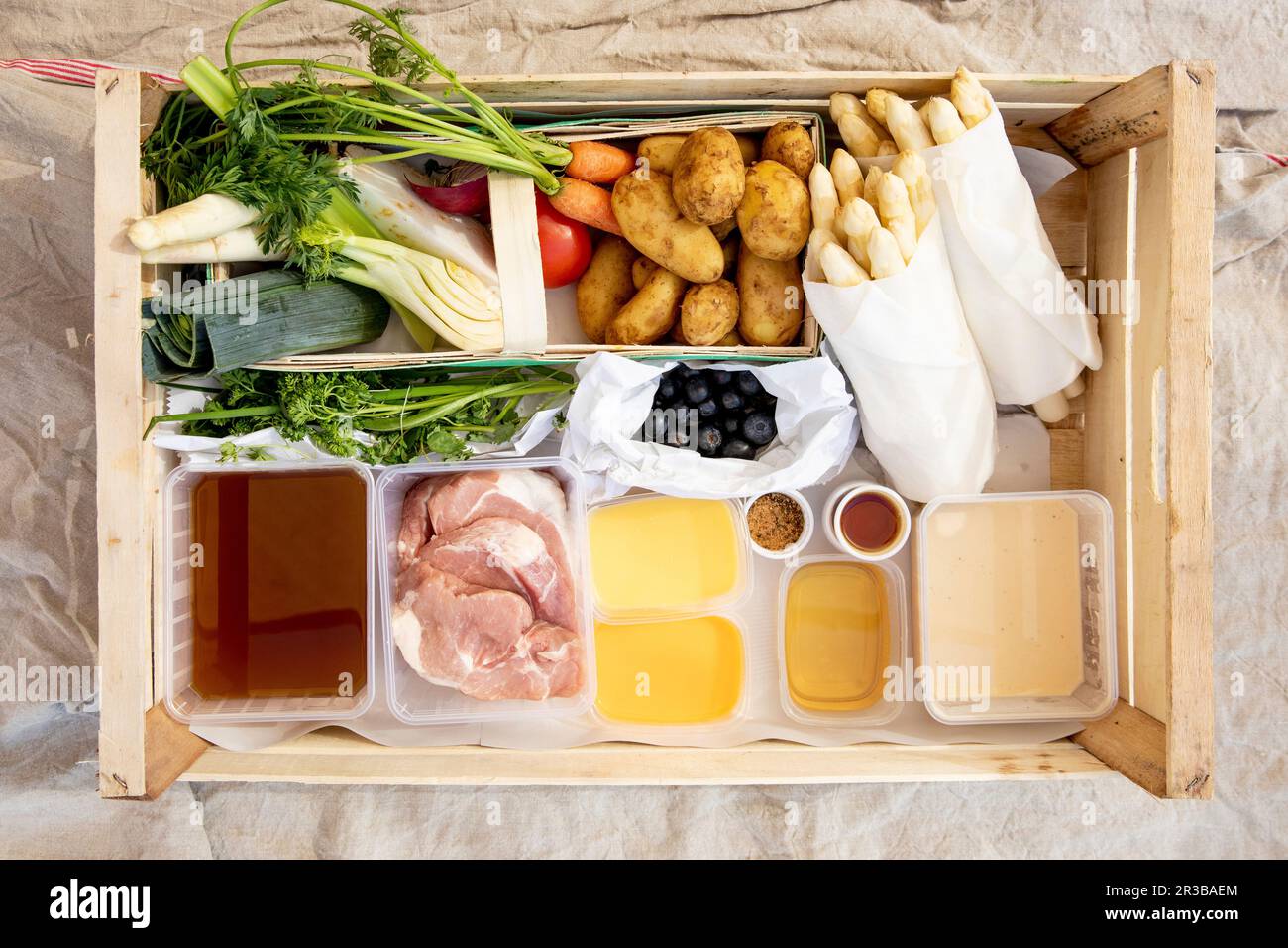 A menu box for making minestrone, pork with asparagus and blueberry ...